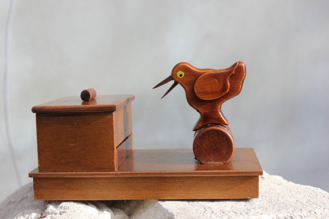 Vintage Wooden Cigarette Box With Bird Mechanism, Rare Handmade ...