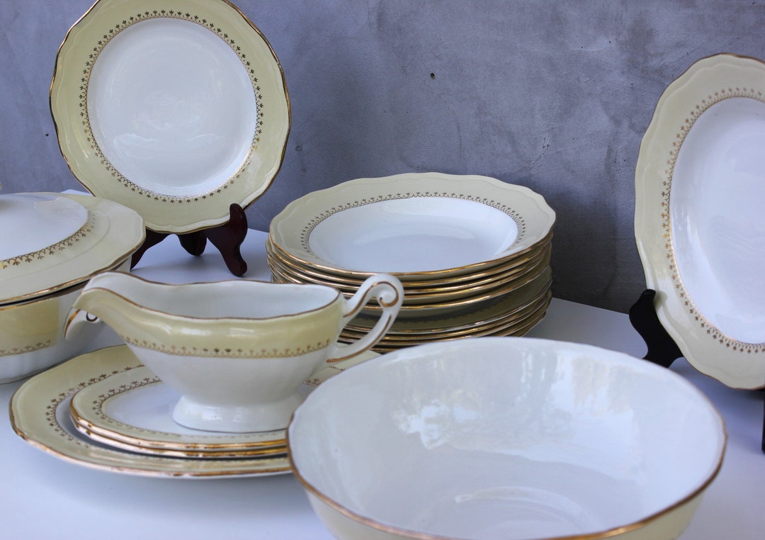 Vintage French Porcelain Dinner Set, Antique Cream Gold Dinnerware ...