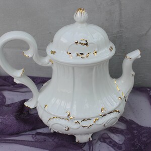 Vintage Porcelain Teapot White, Gold, Embossed Flowers Jug Unmarked ...