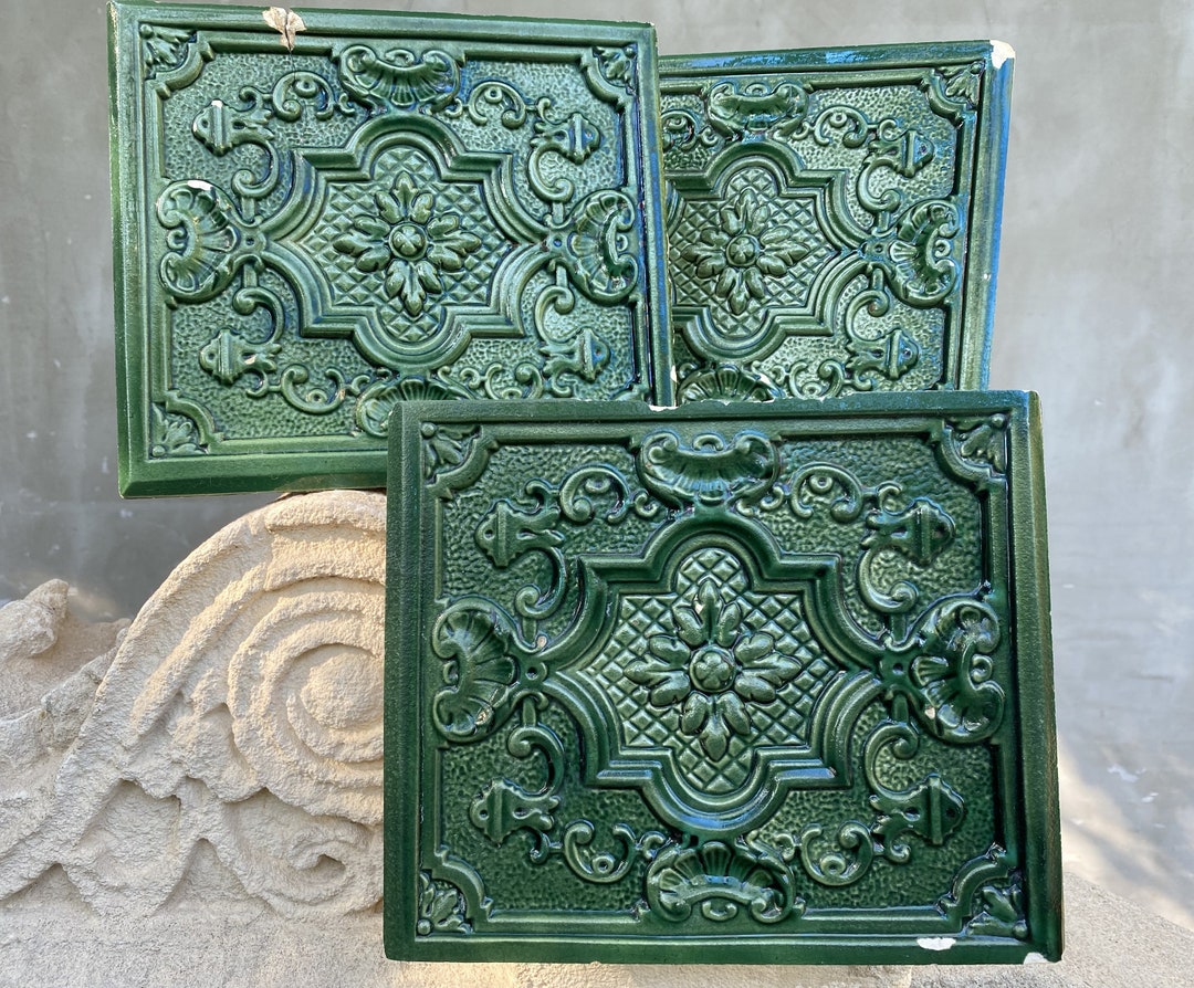 Three Rare European 19th Century Antique Stove Tiles Ornate Green Glaze ...
