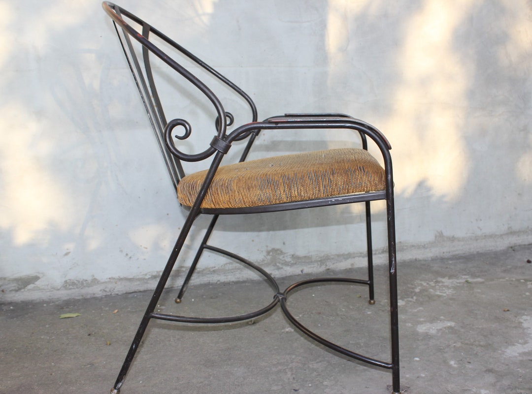 Vintage Iron Dining Chair, Upholstered Patio Seat, Retro Metal Seating ...