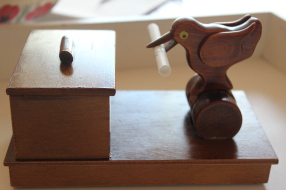 Vintage Wooden Funny cigarette box Bird Mechanism col… - Gem