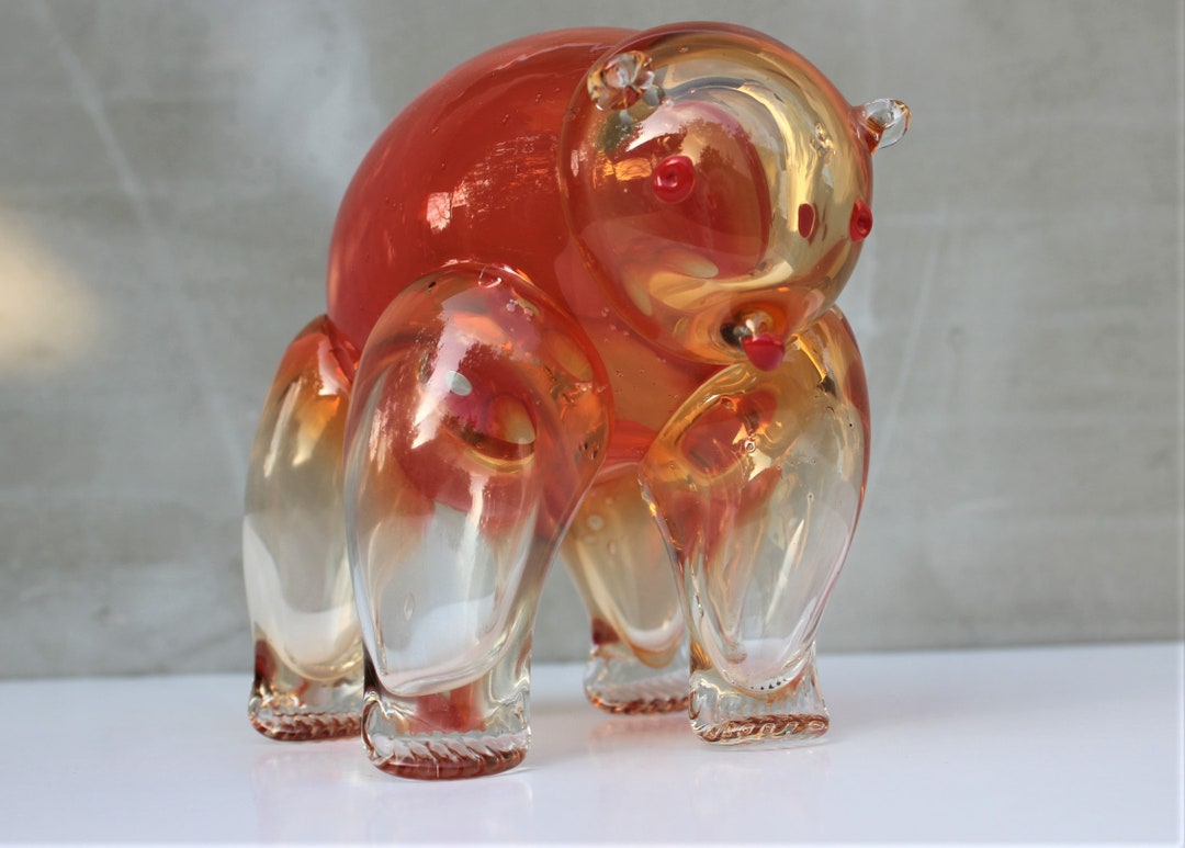 Rare Glass Bear Sculpture Fused Figurine Orange Glass Bear Figure ...