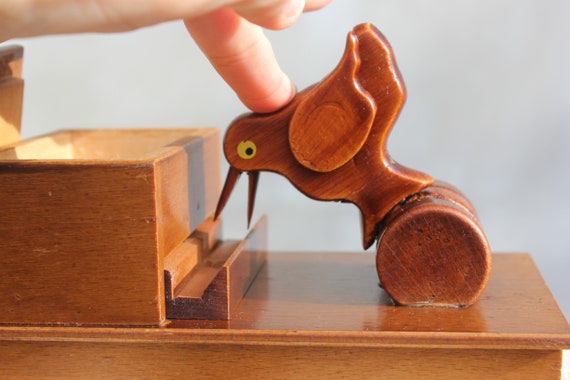 Vintage Wooden Funny cigarette box Bird Mechanism col… - Gem