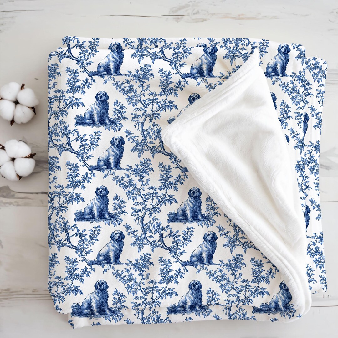 Newfoundland Dog Blue Chinoiserie Toile De Jouy Fleece Blanket, Custom ...