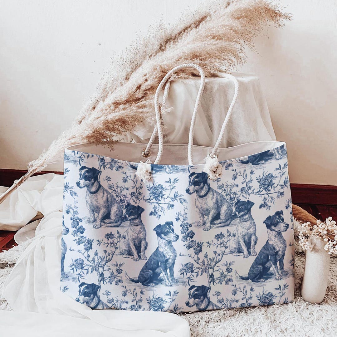 Jack Russell Blue Chinoiserie Dog Mom Weekender Tote Bag, Toile De Jouy ...