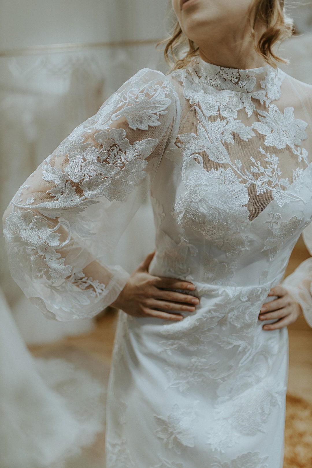 Fitter Ivory Large Lace Pattern Wedding Dress / Long Sleeves High Neck ...