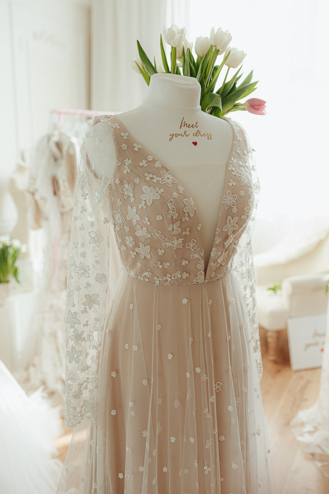 Charming Lace Wedding Gown With Blush Lining/ Lace With Sequins Wedding ...