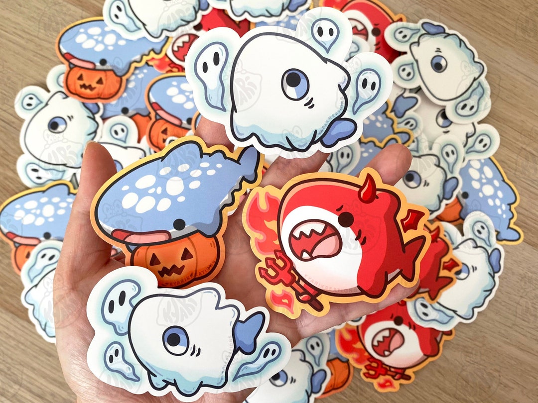 Cute Spooky Shark Stickers, Ghost Shark, Devil Shark, Halloween Shark ...