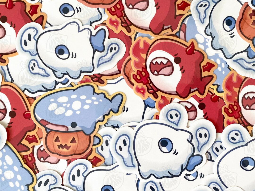 Cute Spooky Shark Stickers, Ghost Shark, Devil Shark, Halloween Shark ...