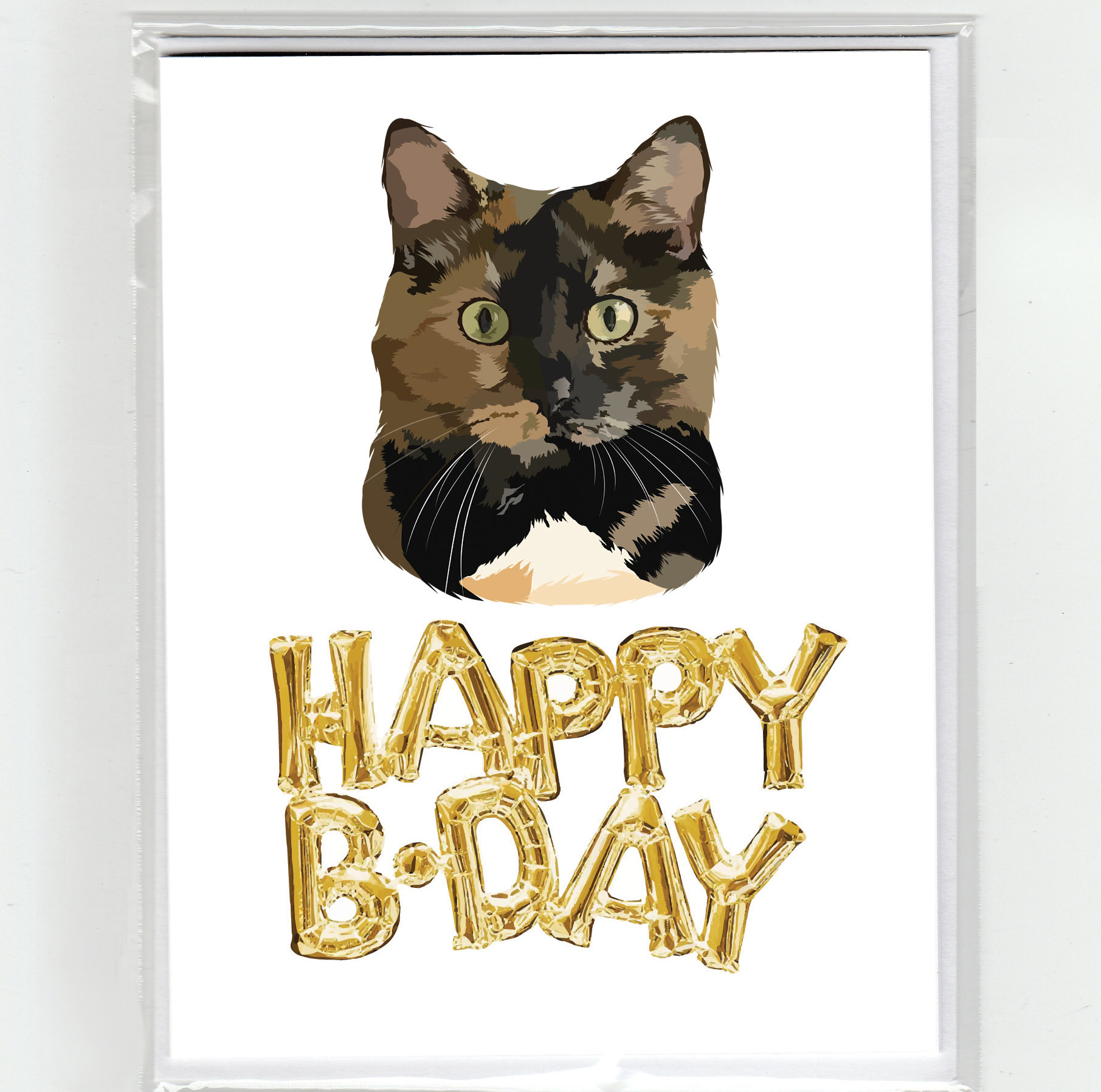 Tortoiseshell Cat and Gold Balloons Happy Birthday Greeting Card, Cute ...
