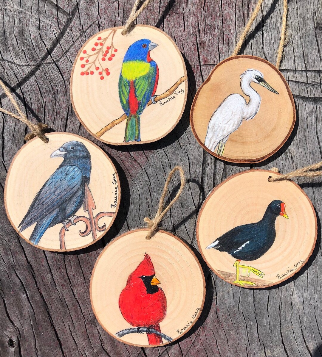 Hand Painted Bird Wood Slice Ornament - Etsy