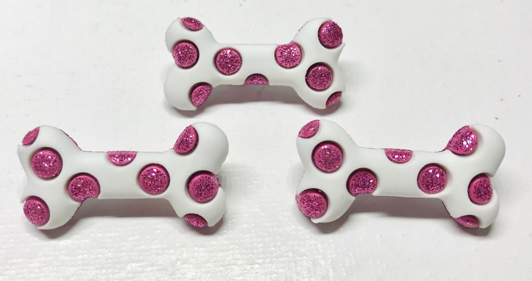 3 White With Pink Glitter Dog Bone Novelty Buttons With a Shank Back ...