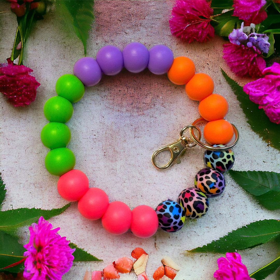 Neon Leopard Silicone Wristlet Keychain, Lobster Clasp, Keyring, Bright ...