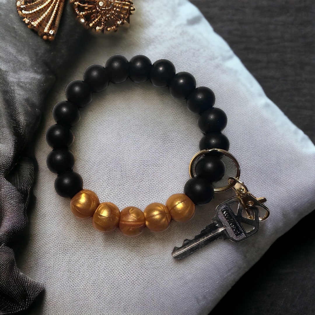 Gold Glam Keychain Wristlet, Handmade Gift Silicone Beaded, Functional ...