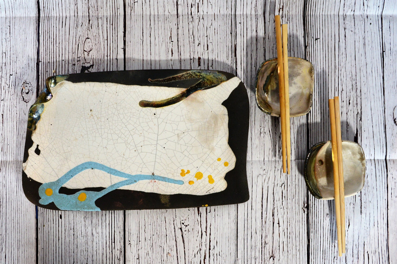 SUSHI SET / Big Sushi Plate+ Two Little Bowls / Hand Made / Raku ...