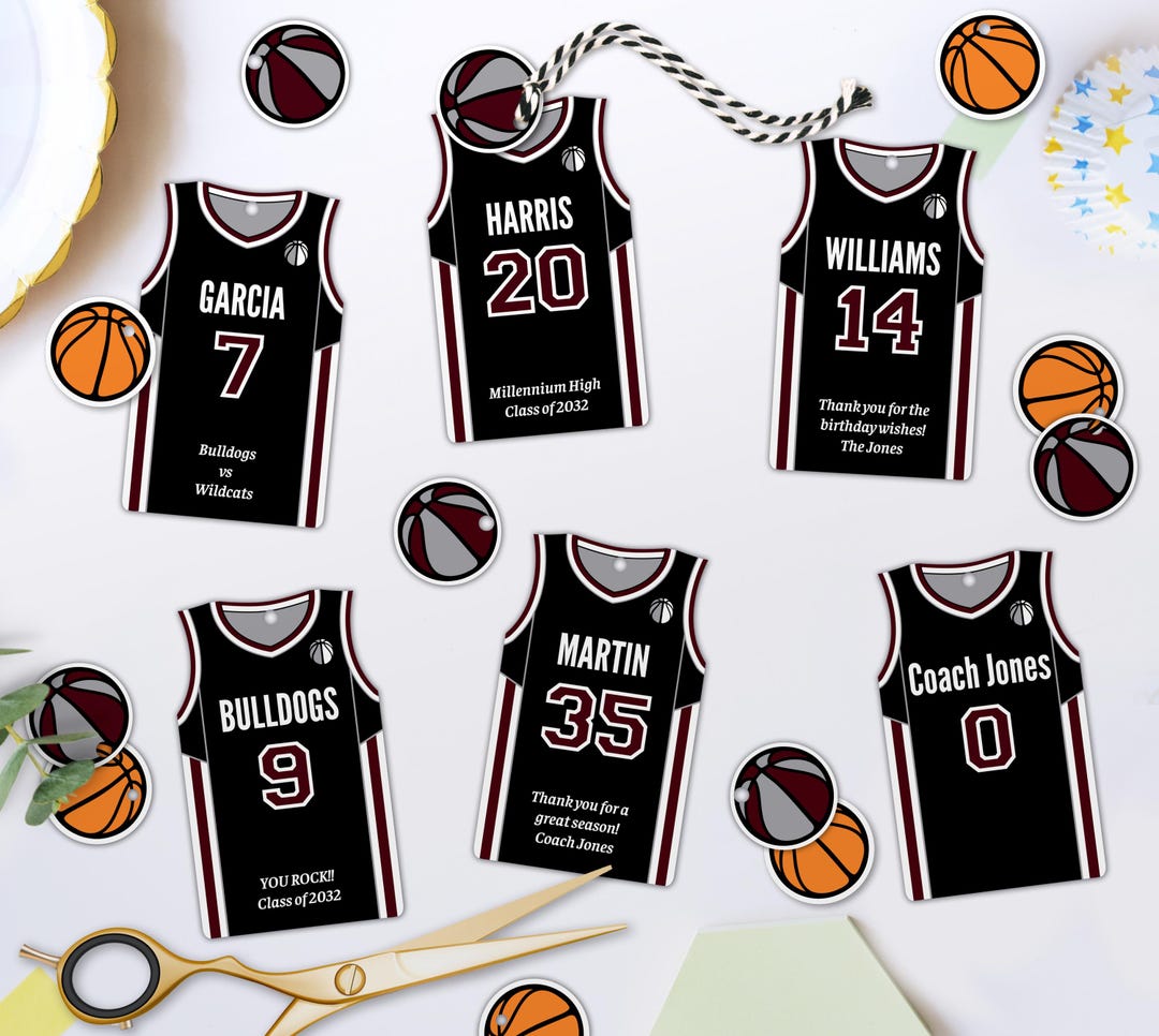 Editable Basketball Party Favor Tags, Personalized, Jersey Shaped ...