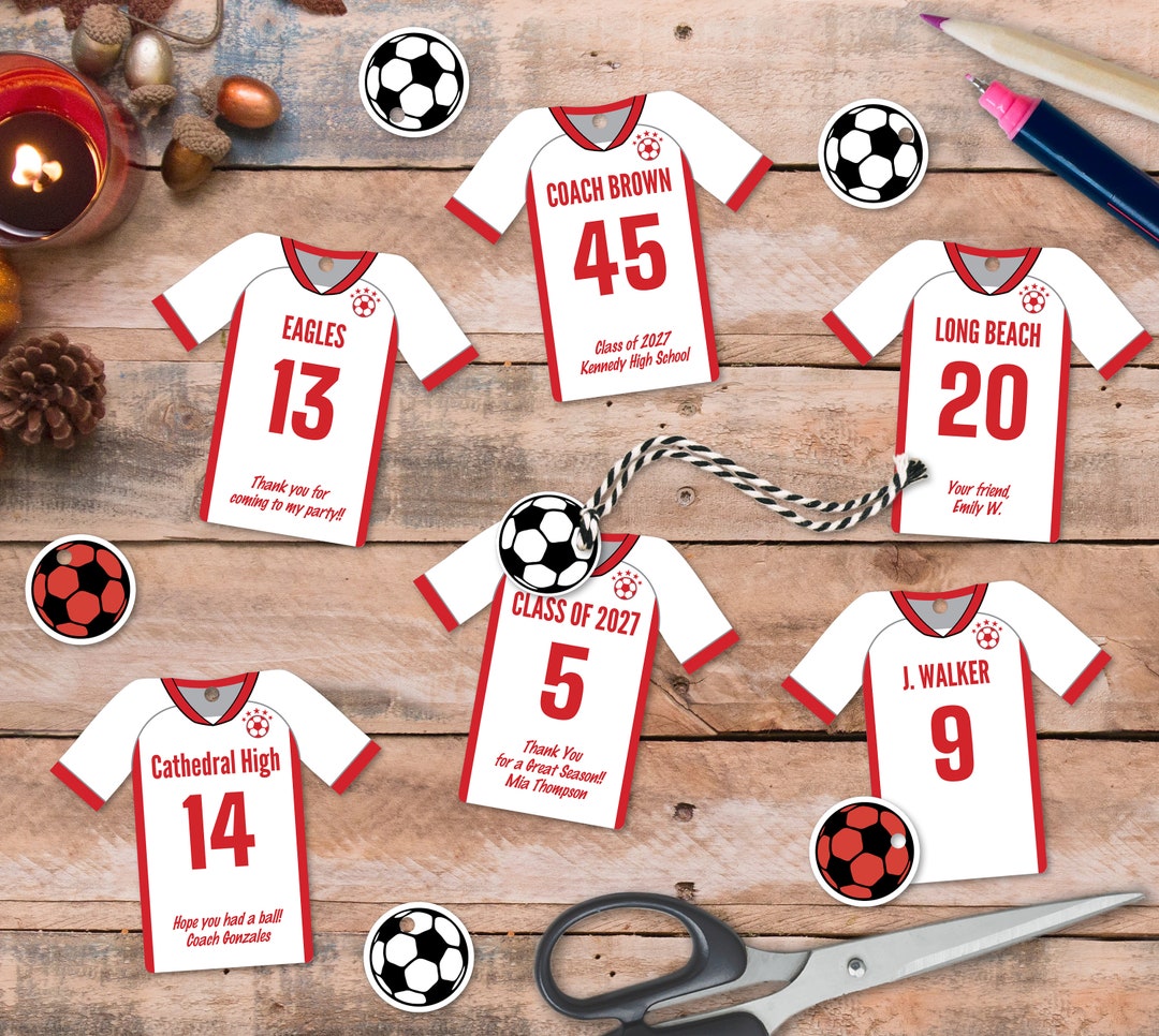 Editable Soccer Team Party Favor Tags, Personalized, Jersey Shaped ...