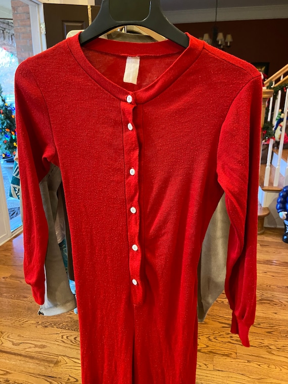 Vintage Red Onesie - 1970s Stretch Fabric - Santa PJ's - Gem