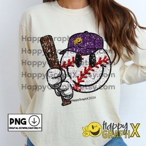 Sparkly Baseball Smiley Face Png Faux Sequin Baseball Game Graphic ...