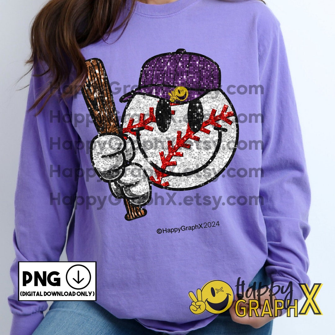 Sparkly Baseball Smiley Face Png Faux Sequin Baseball Game Graphic ...