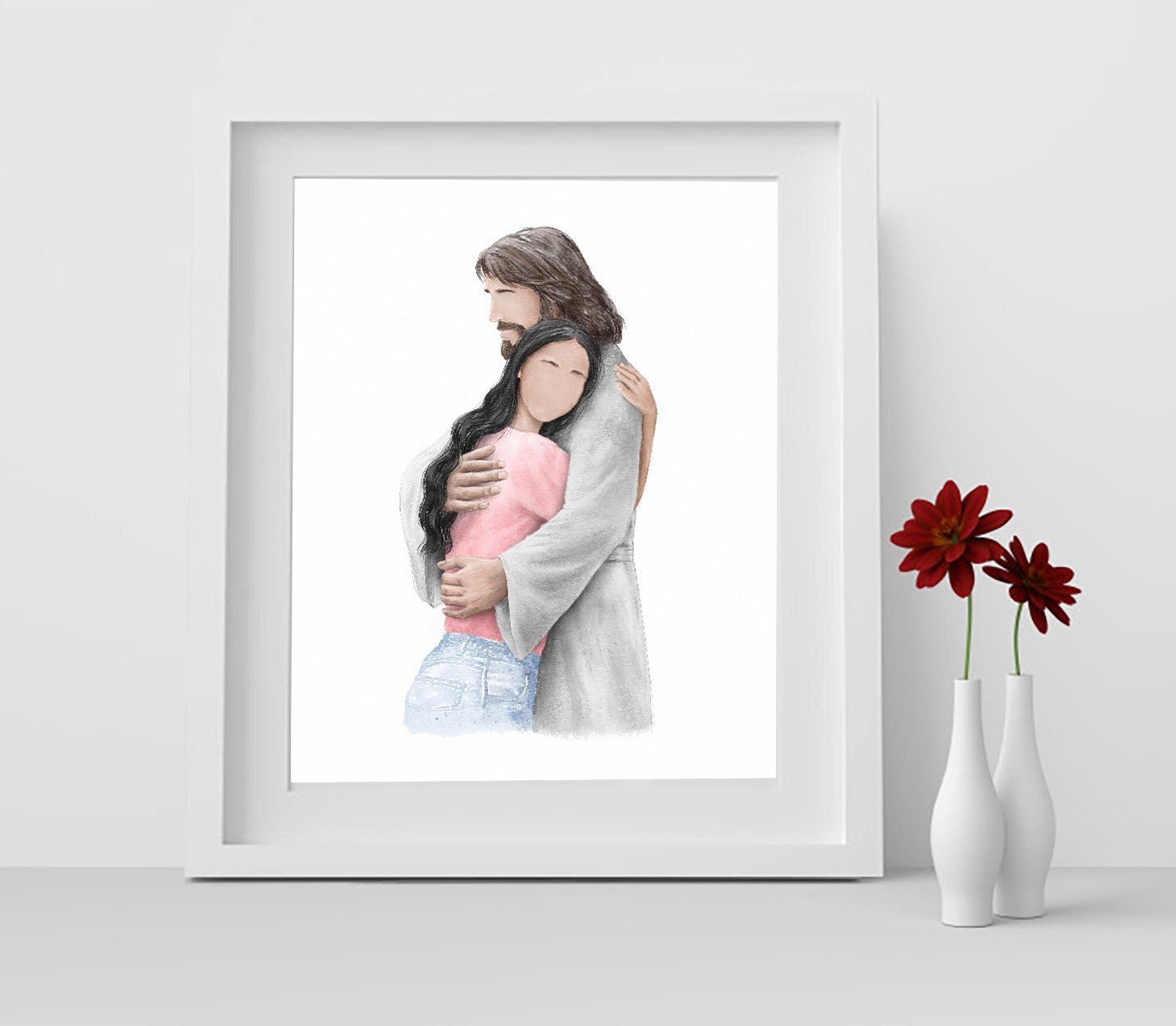 Jesus is Embracing a Girl, Christ Hugging Girl (black Hair), Comforting ...