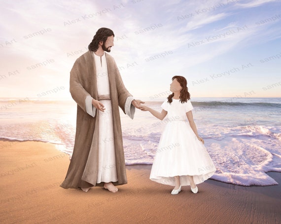 Jesus Portrait With a Girl Brown Hair Portrait Baptism | Etsy
