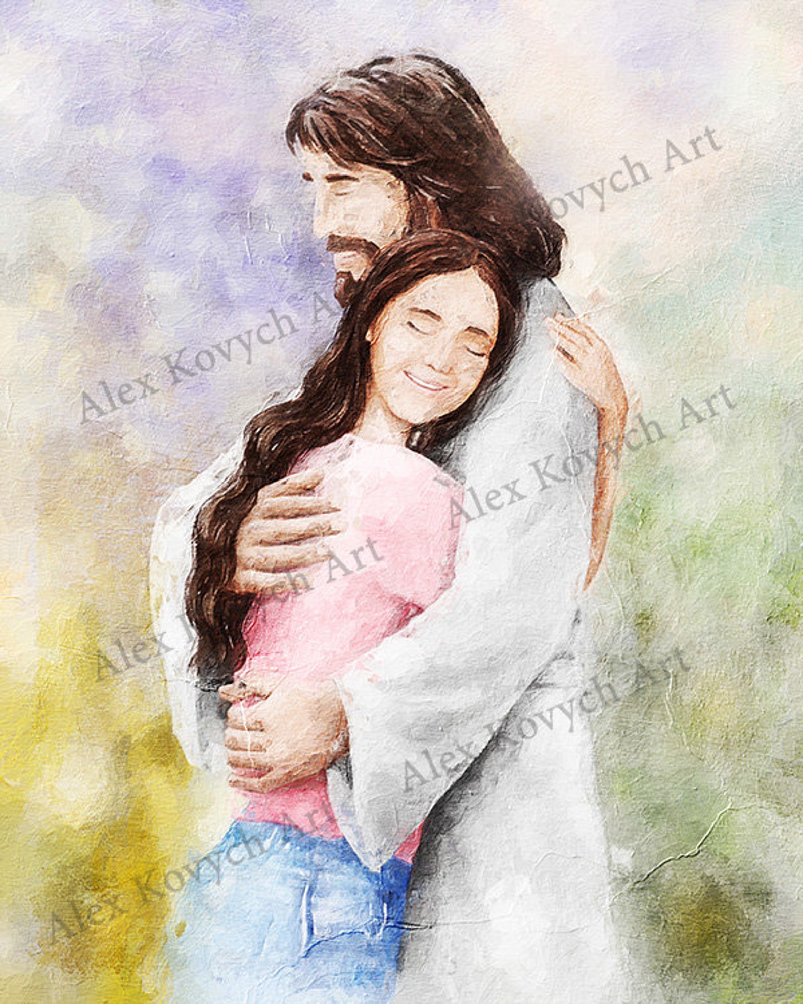 Jesus With a Girl Christ Watercolor Portrait Jesus With a | Etsy