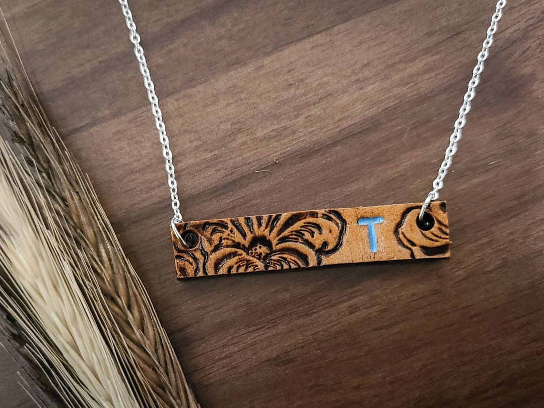 Custom Leather Initial Necklace, Sterling Silver Chain, Western Brand ...