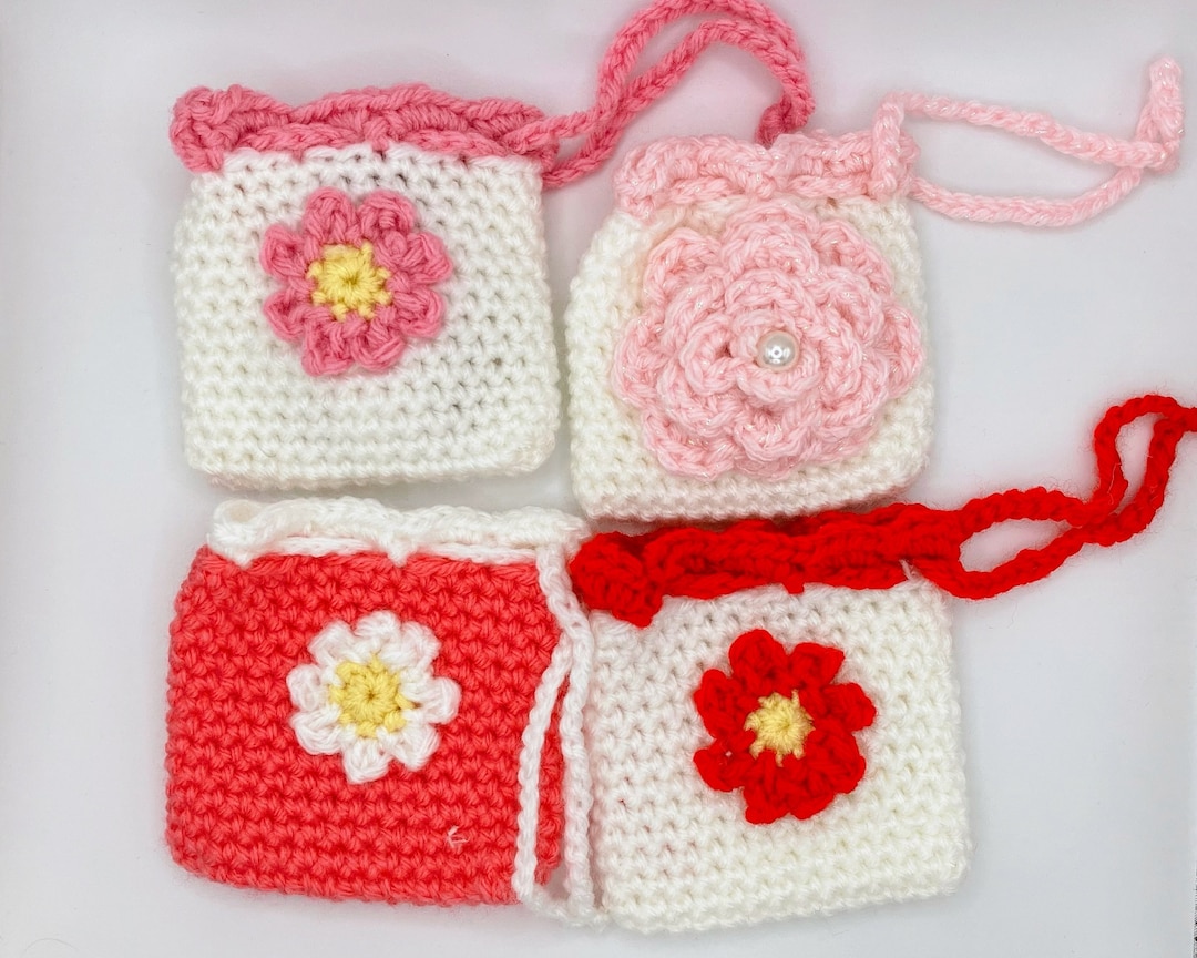 Mini Drawstring Bag | Crochet Flowers | Party Favor | Small Pouch ...