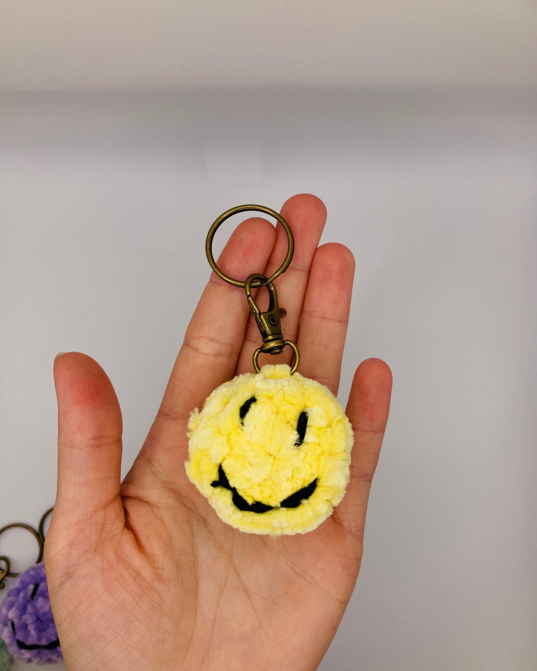 Crochet Smiley Face Keychain: Velvet Plushie Bag Charm - Etsy