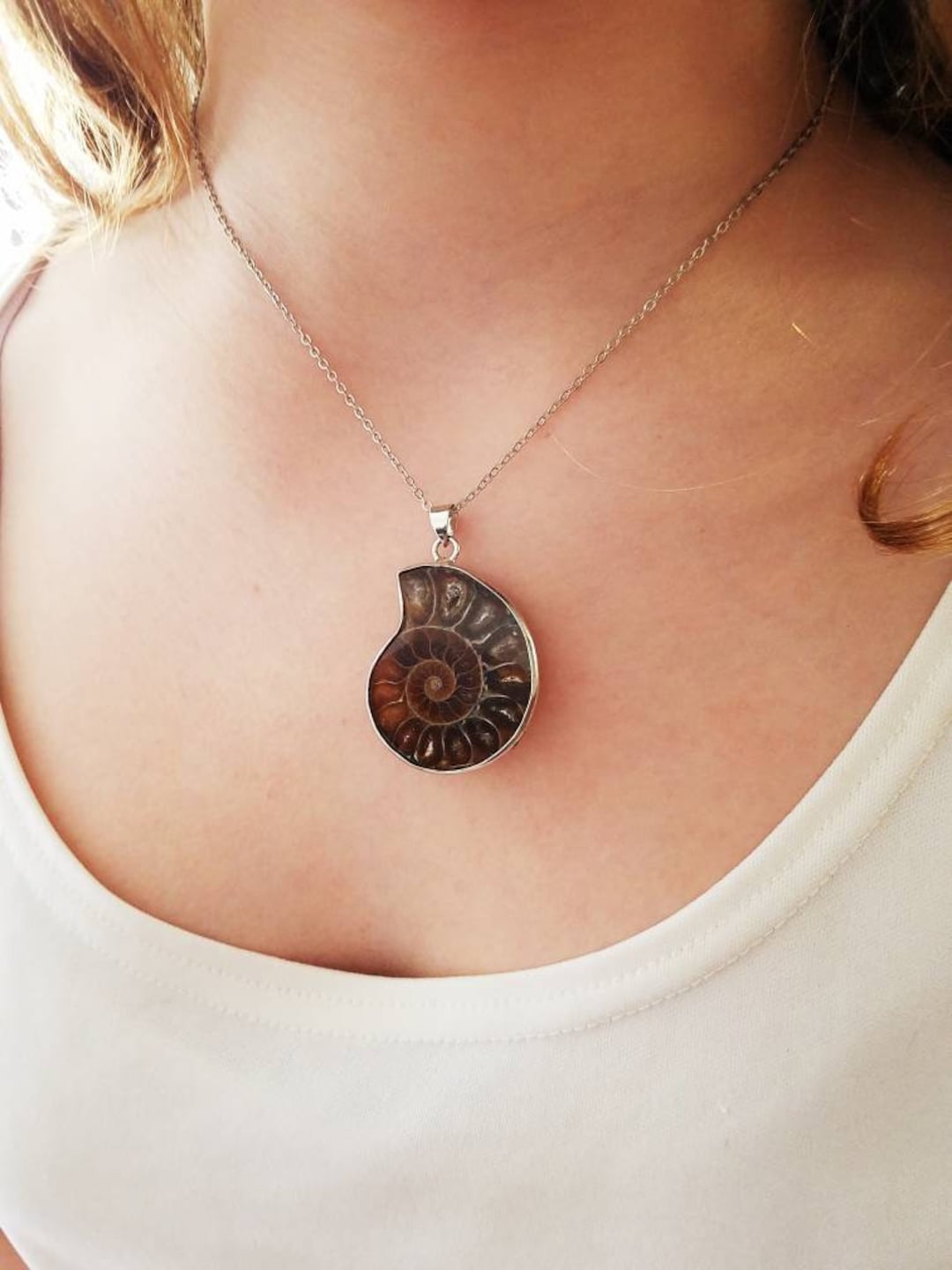 Fibonacci Fossil, Silver Lined Fossilized Spiral Shell Crystal Pendant ...
