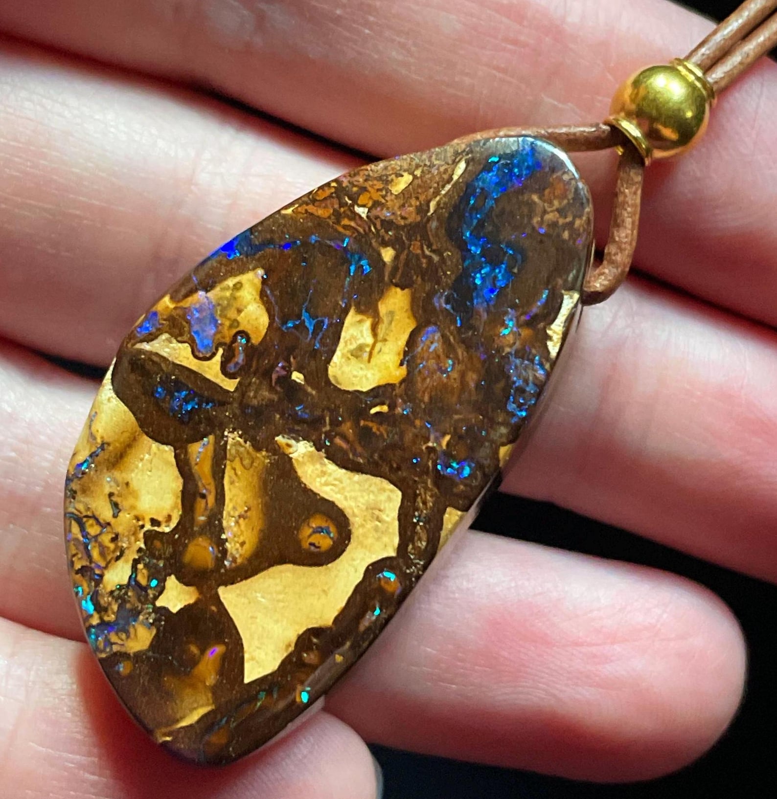 Gold Boulder Opal Leather Necklace, Large Australian Boulder Opal 18k ...