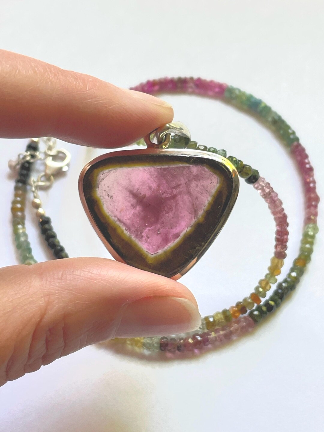 Huge! Natural Watermelon Tourmaline Slice Pendant on Matching Beaded ...