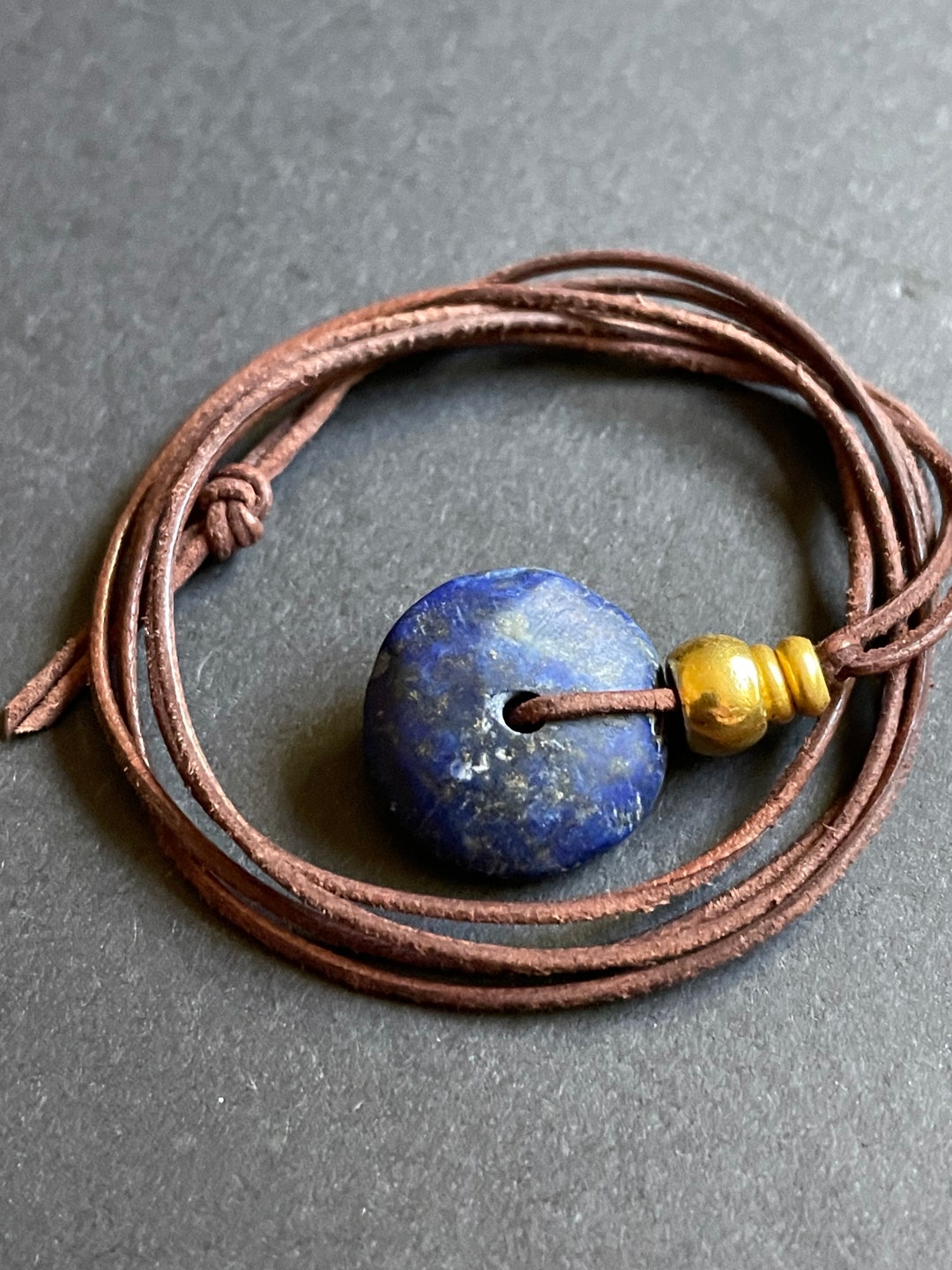 Rustic 18K Gold Necklace, Lapis Leather 18k Solid Gold, Genuine Lapis ...