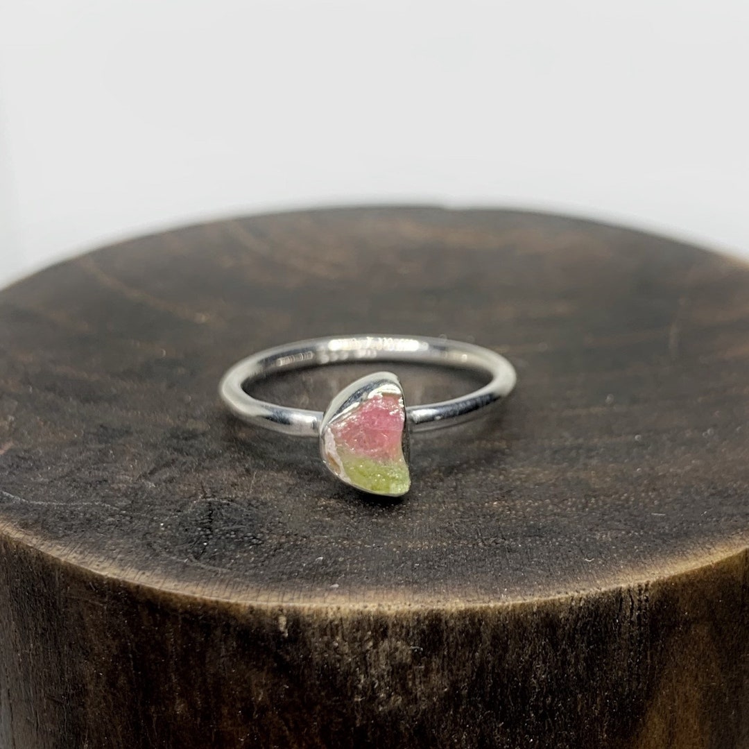 Rough Watermelon Tourmaline Ring US 6.5 - Sterling Silver - Green and ...