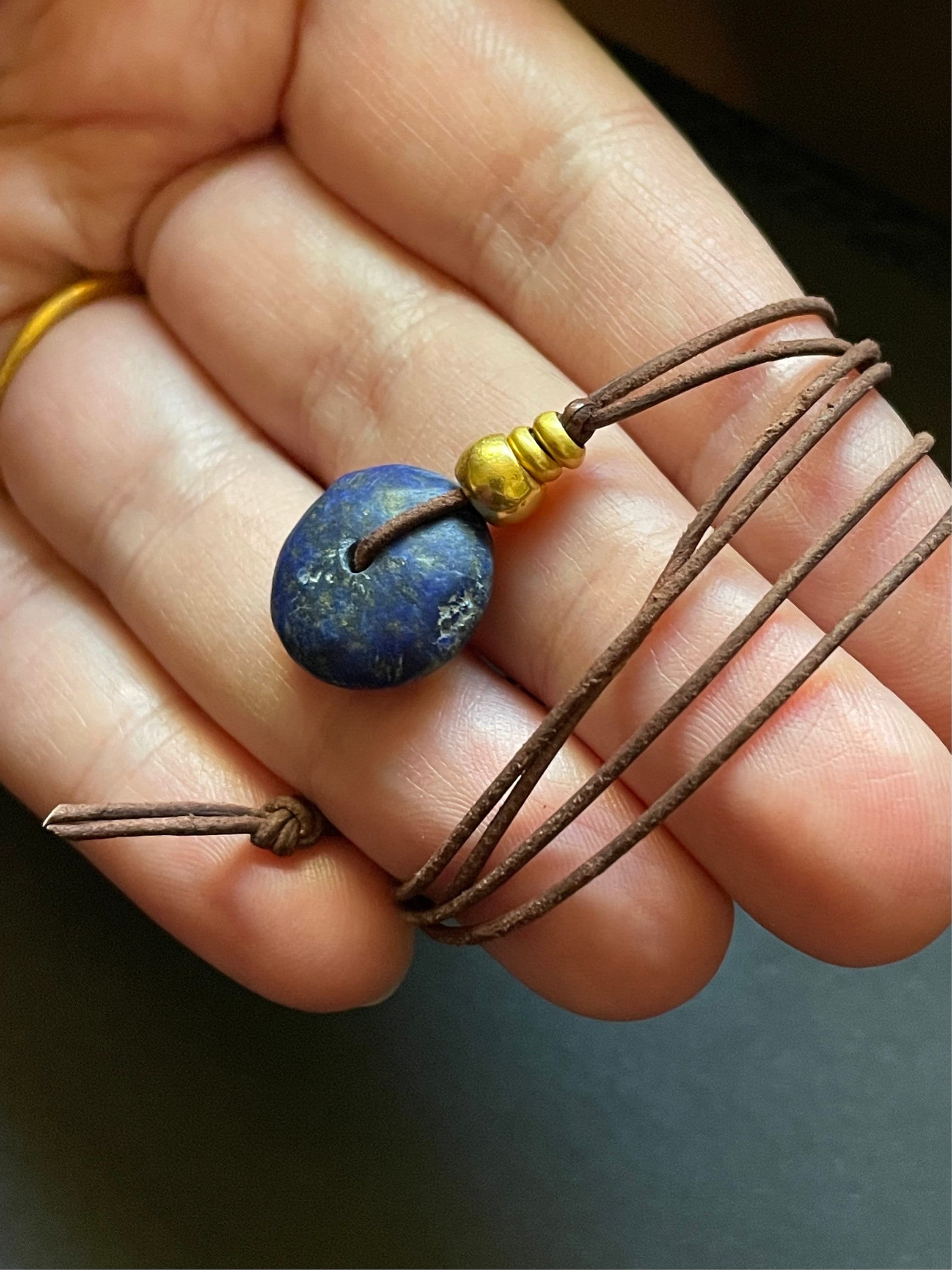Rustic 18K Gold Necklace, Lapis Leather 18k Solid Gold, Genuine Lapis ...