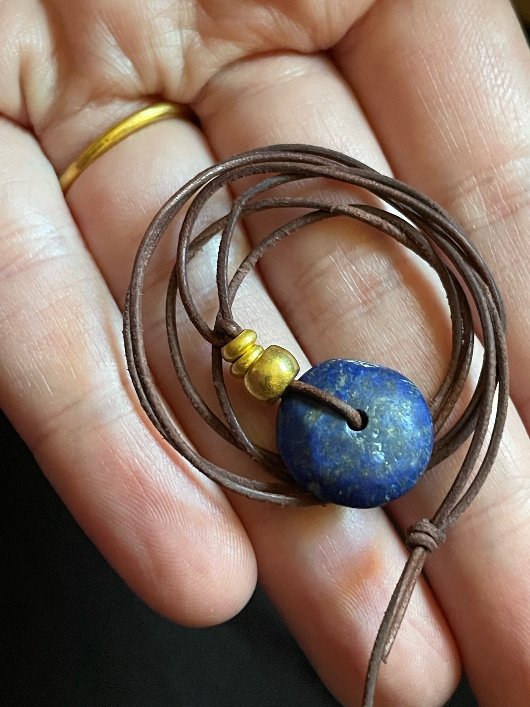 Rustic 18K Gold Necklace, Lapis Leather 18k Solid Gold, Genuine Lapis ...