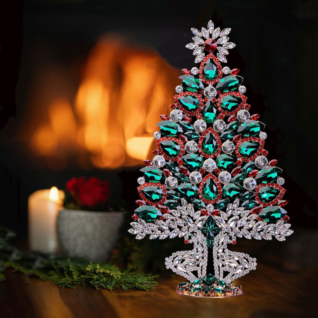 Christmas Tree Jewel Sprigs (green and Red), Czech Handmade Tabletop ...