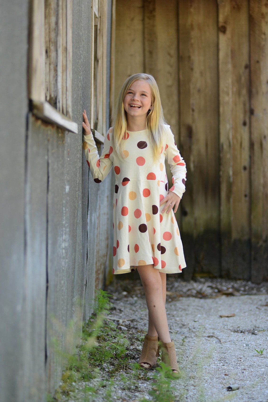 Organic Cotton Children's Long Sleeve Jersey Knit Dress, Rose Polka Dot ...