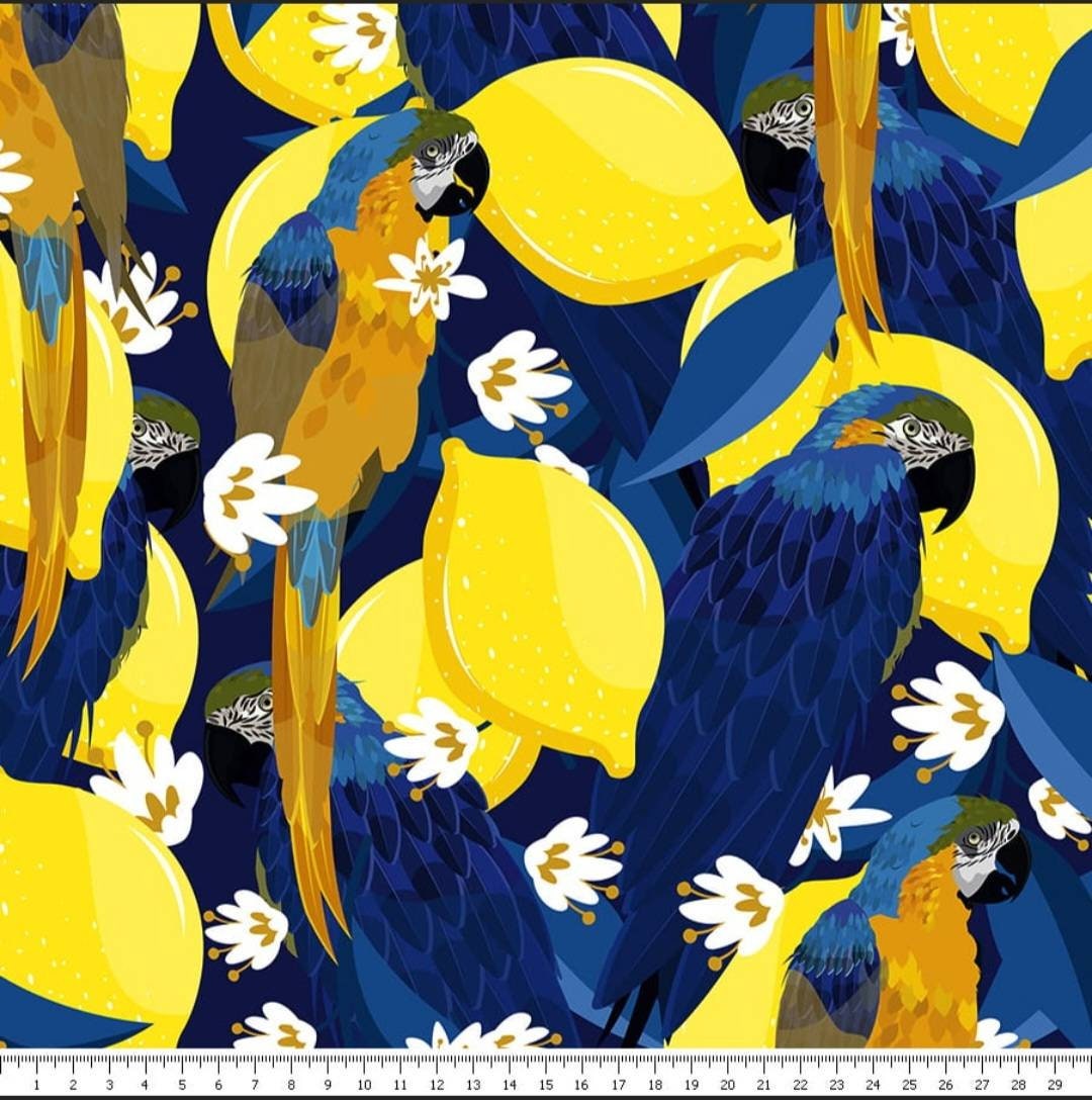 Lemon Parrot Fabric, Kakadu Premium Digital Print Cotton, Beautiful ...