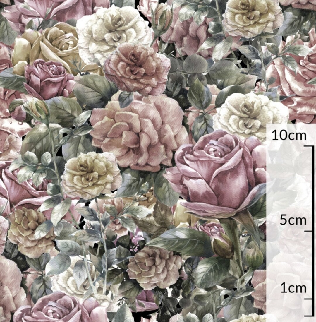 Dust Roses Flower Premium Fabric, Premium Digital Print Cotton, Vintage ...