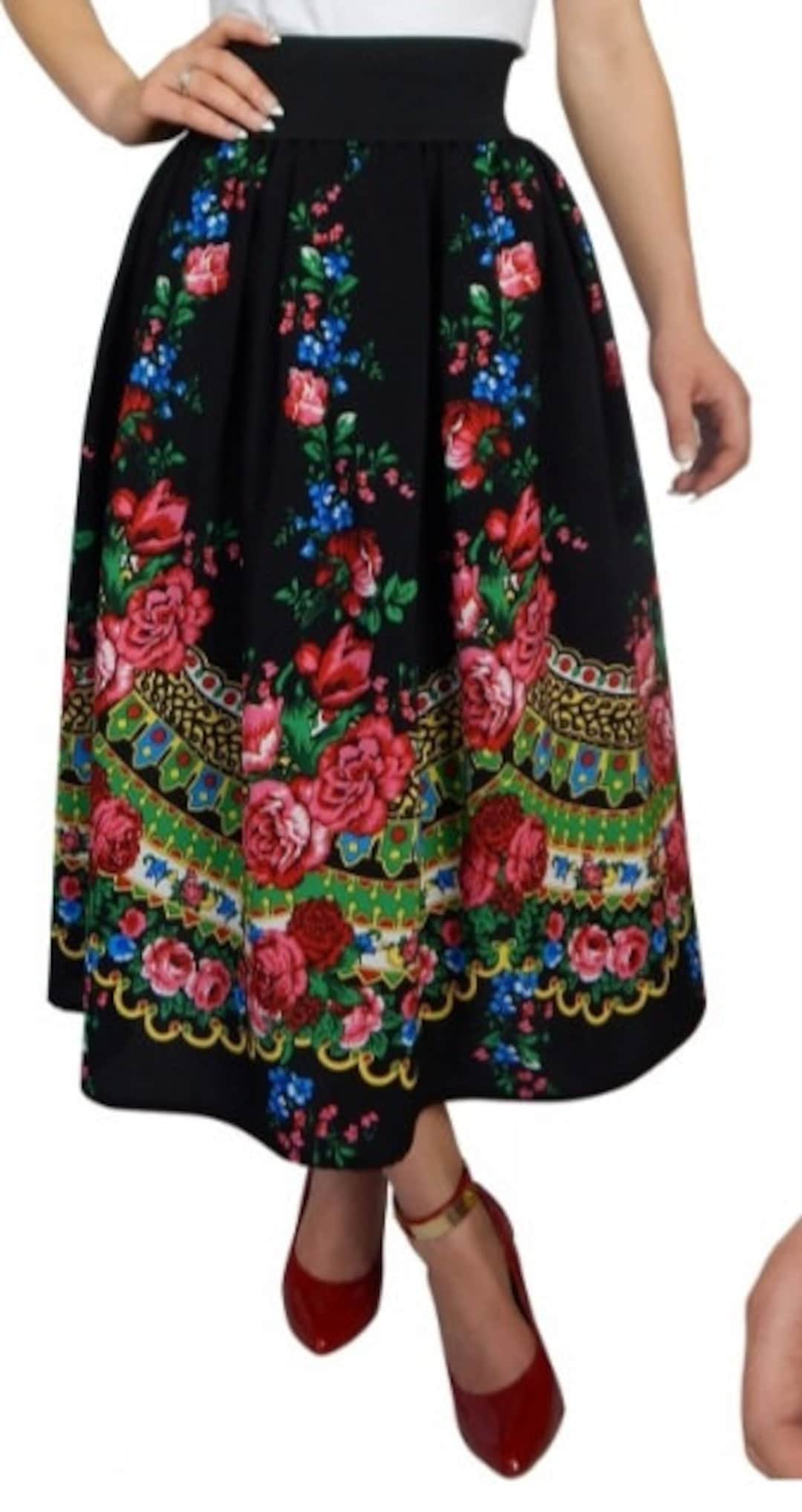 Traditional Black Folk Skirt Maxi, Floral Skirt, Gypsy Skirt, Roses ...