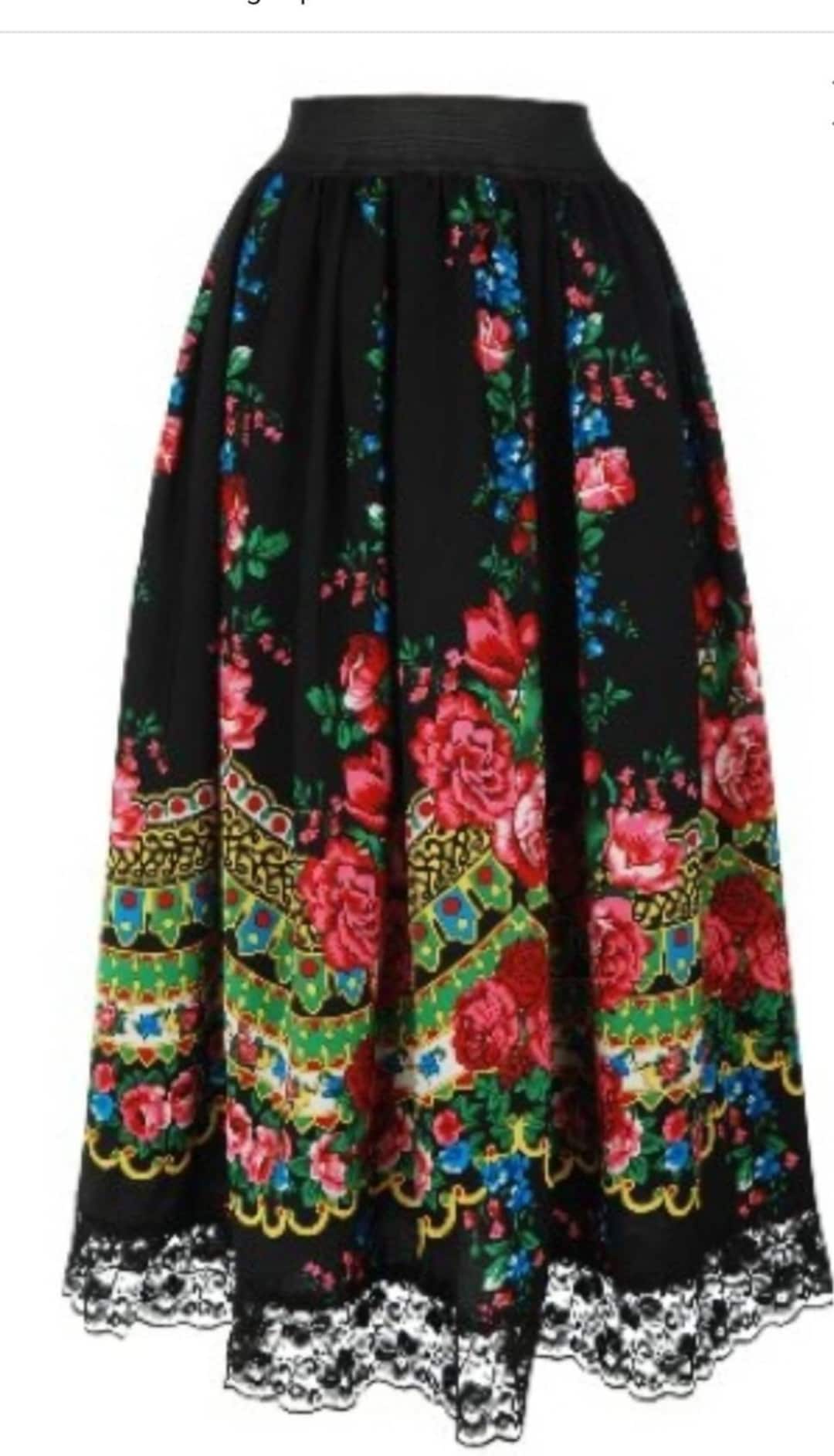 Traditional Black Folk Skirt Maxi, Floral Skirt, Gypsy Skirt, Roses ...