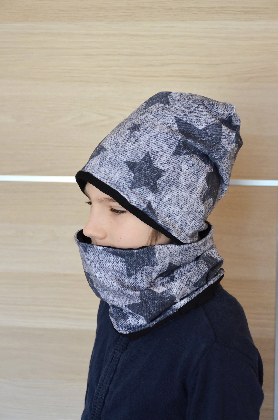Stars Gray Jeans Beanie and Loop, Jersey Beanie Hat and Scarf/loop/neck ...