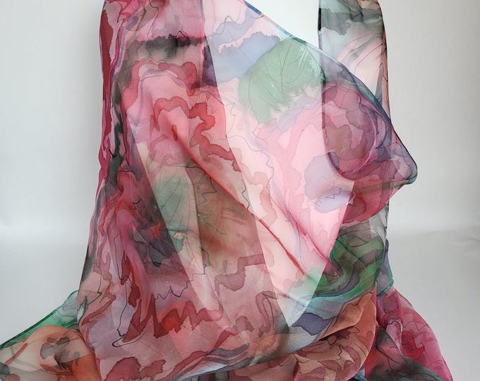 Hand Painted Floral Silk Muslin Stole, Red Pink Silk Scarf, Floral Silk ...