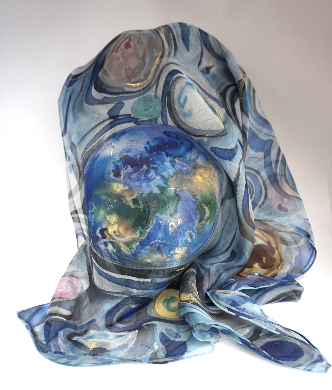 Silk Chiffon Scarf, Planet Earth, Hand Painted Silk, Blue Silk Scarf ...