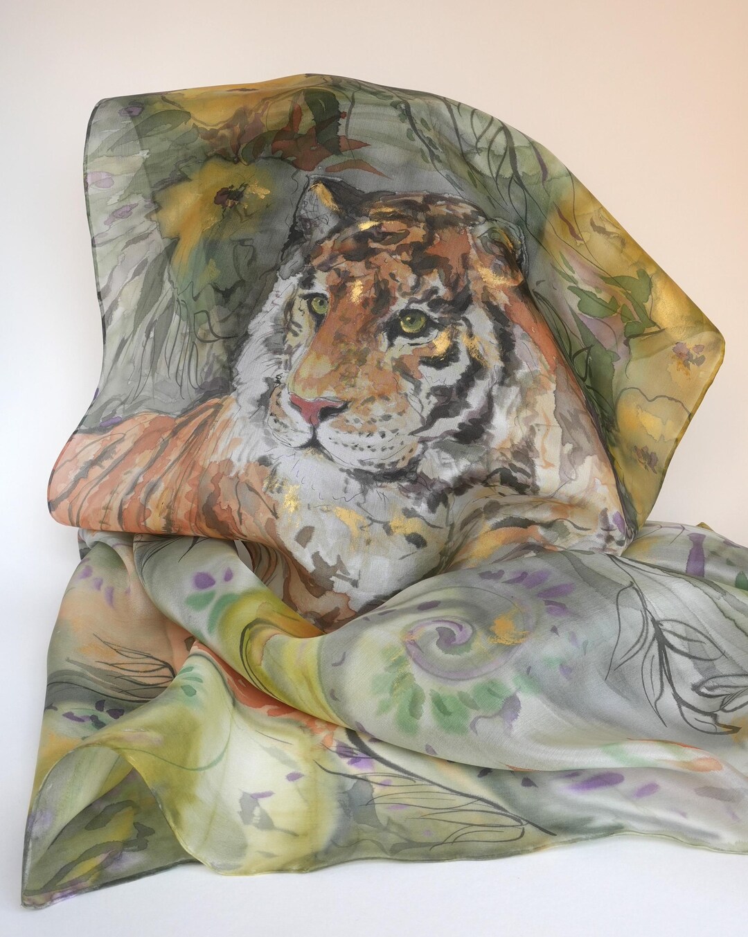 Hand Painted Silk Scarf With Tiger, Tiger Scarf - Etsy