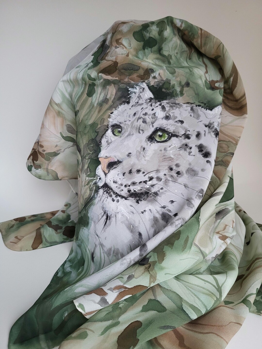 Hand Painted Silk Scarf, Snow Leopard Scarf, Animal Portrait, Animal ...