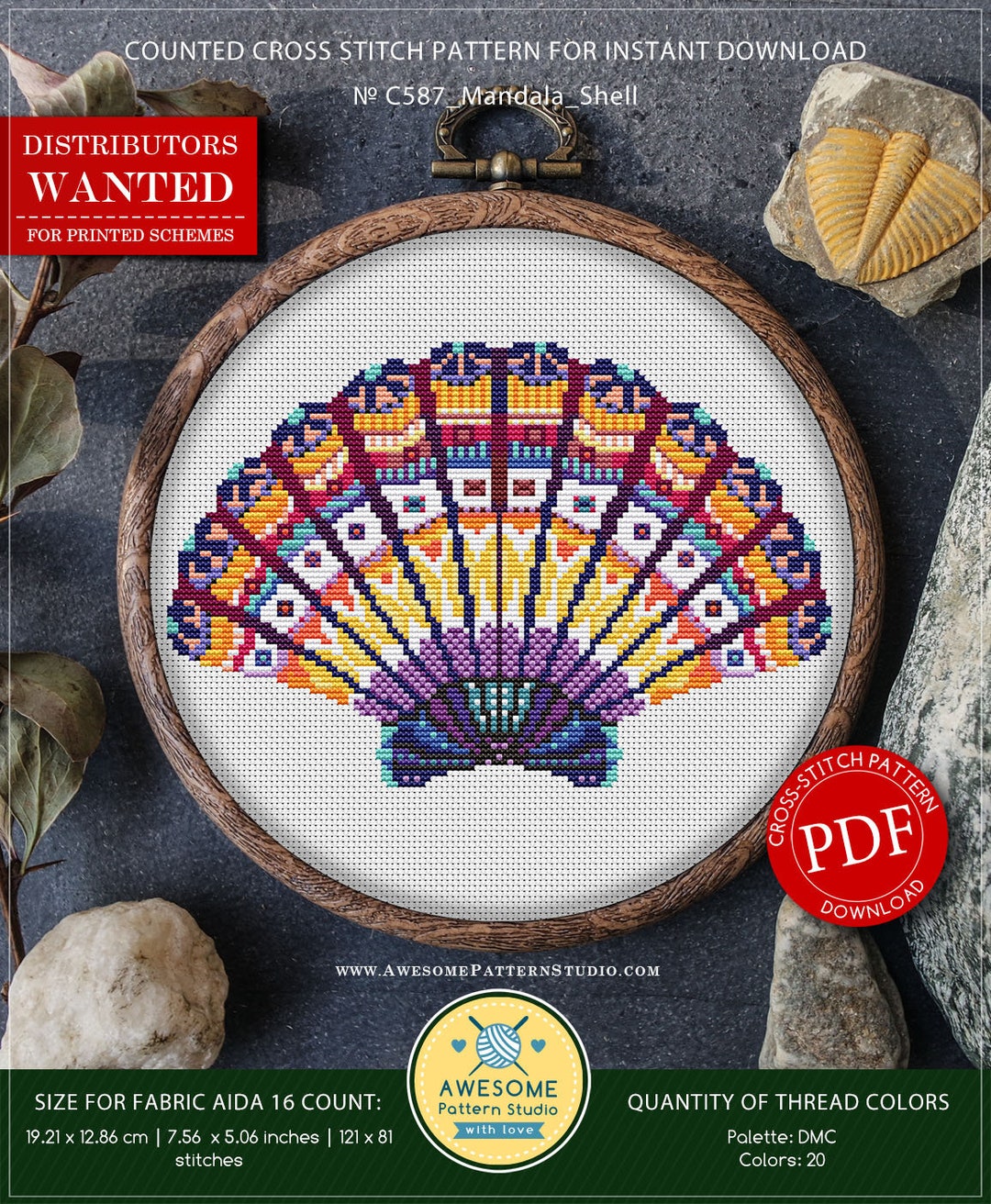 Mandala Shell #P587 Cross Stitch Embroidery Pattern Download ...
